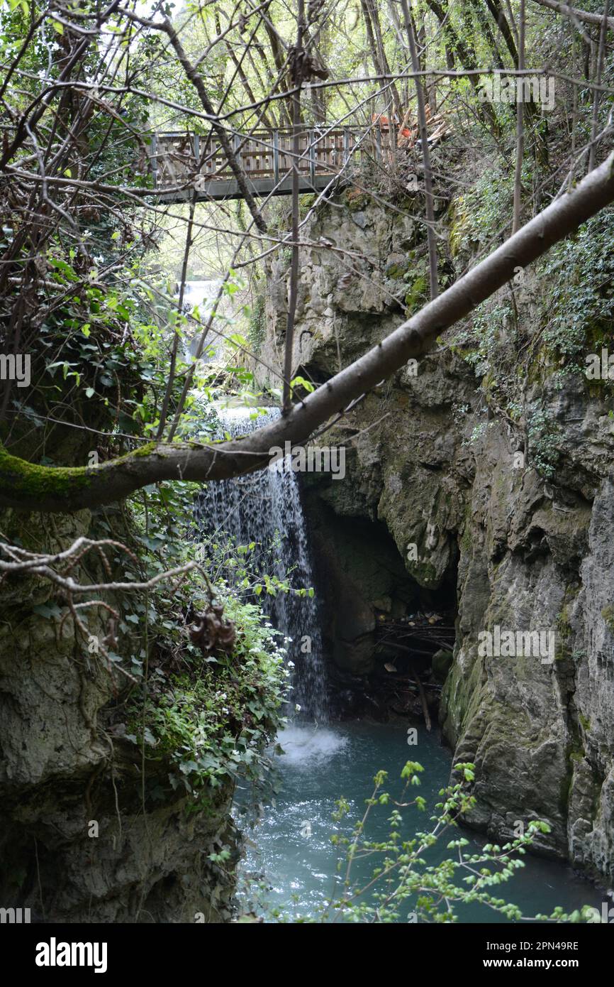 waterfall of Pioraco, Italy, landscape waterfall in the forest ...