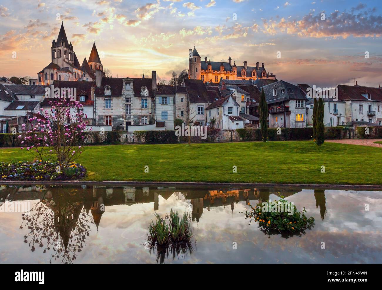 Royal City of Loches (France) spring night view. Was constructed in the ...