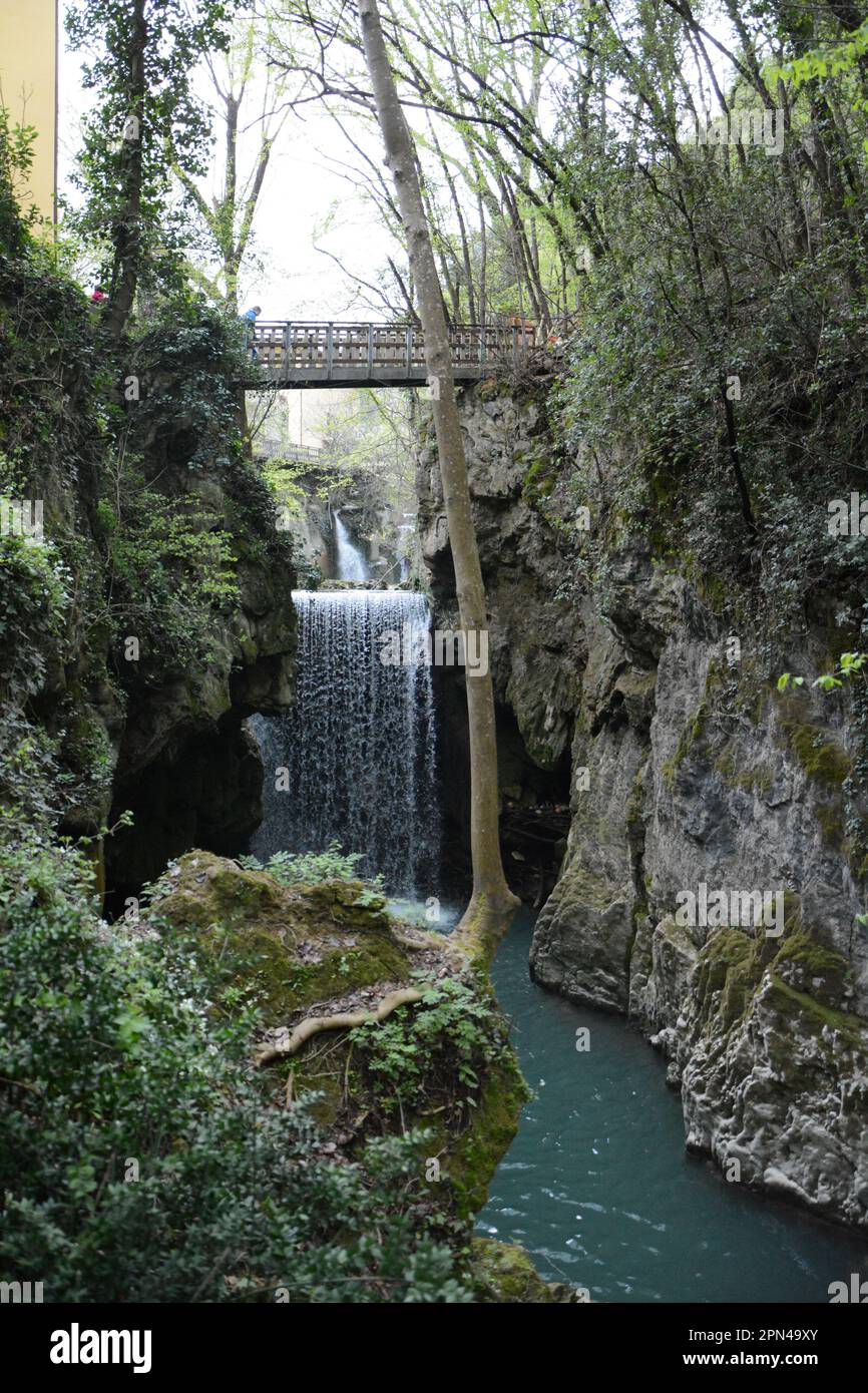 waterfall of Pioraco, Italy, landscape waterfall in the forest ...