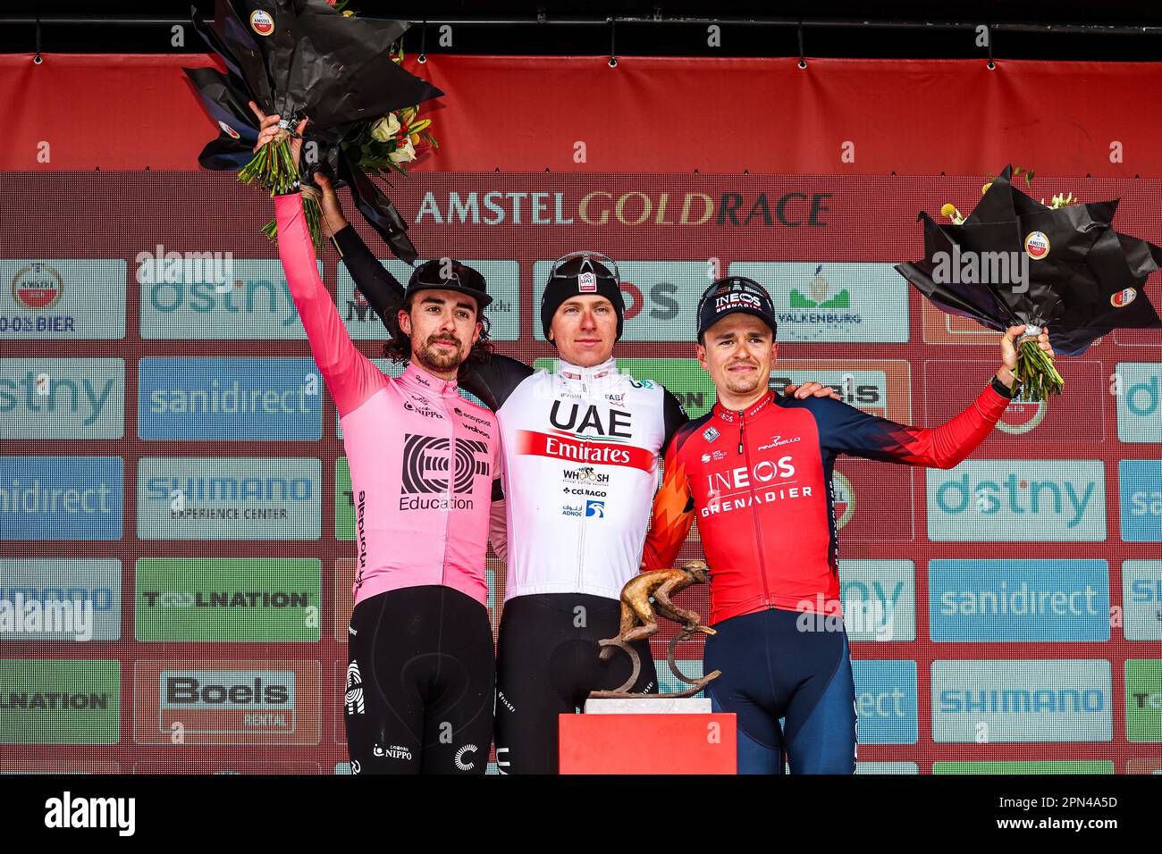 VALKENBURG – Ben Healy, Tadej Pogacar, Tom Pidcock on the podium during ...