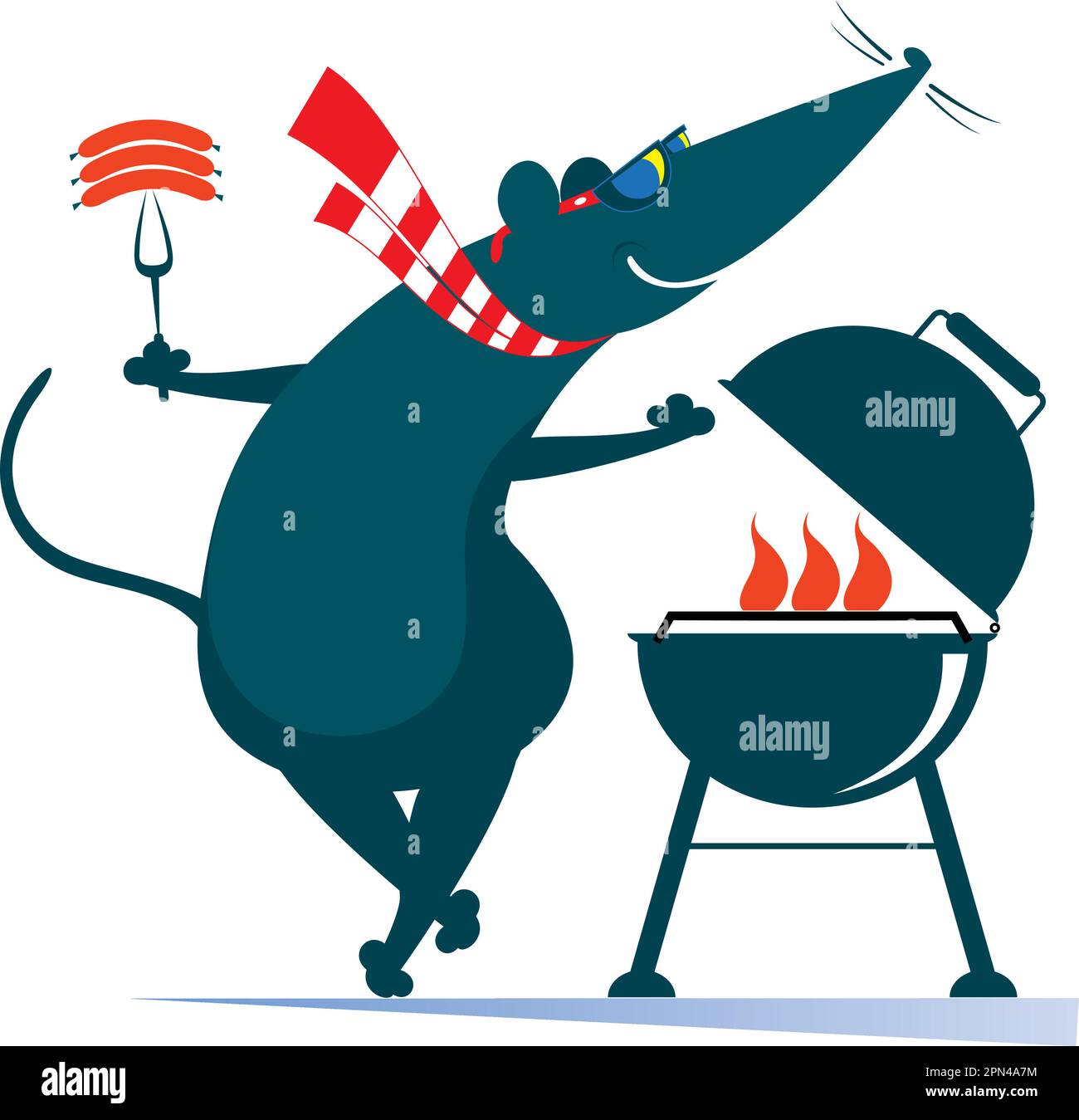 Cartoon rat or mouse frying sausages and steaks on the grill isolated ...