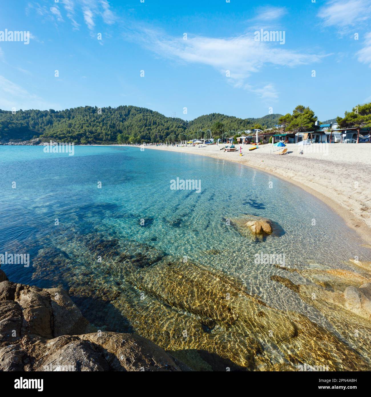 Camping on summer morning Platanitsi beach on Sithonia Peninsula ...
