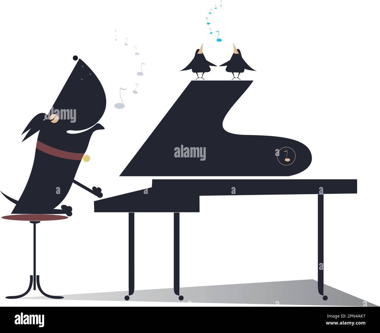 Cartoon dog a pianist silhouette isolated. Comic dog plays music by ...