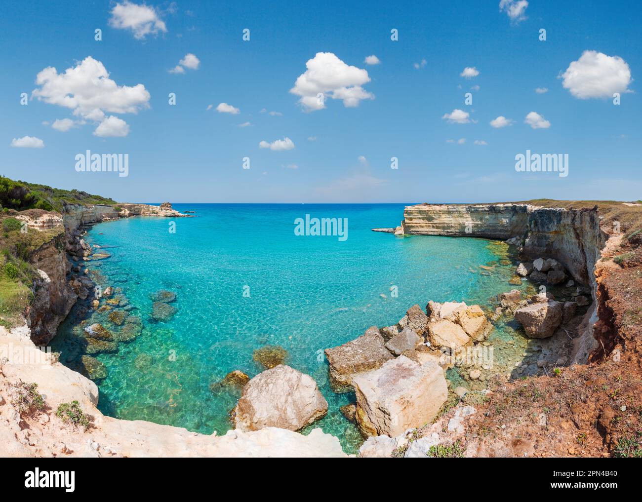 Picturesque seascape with white rocky cliffs, sea bay, islets and ...