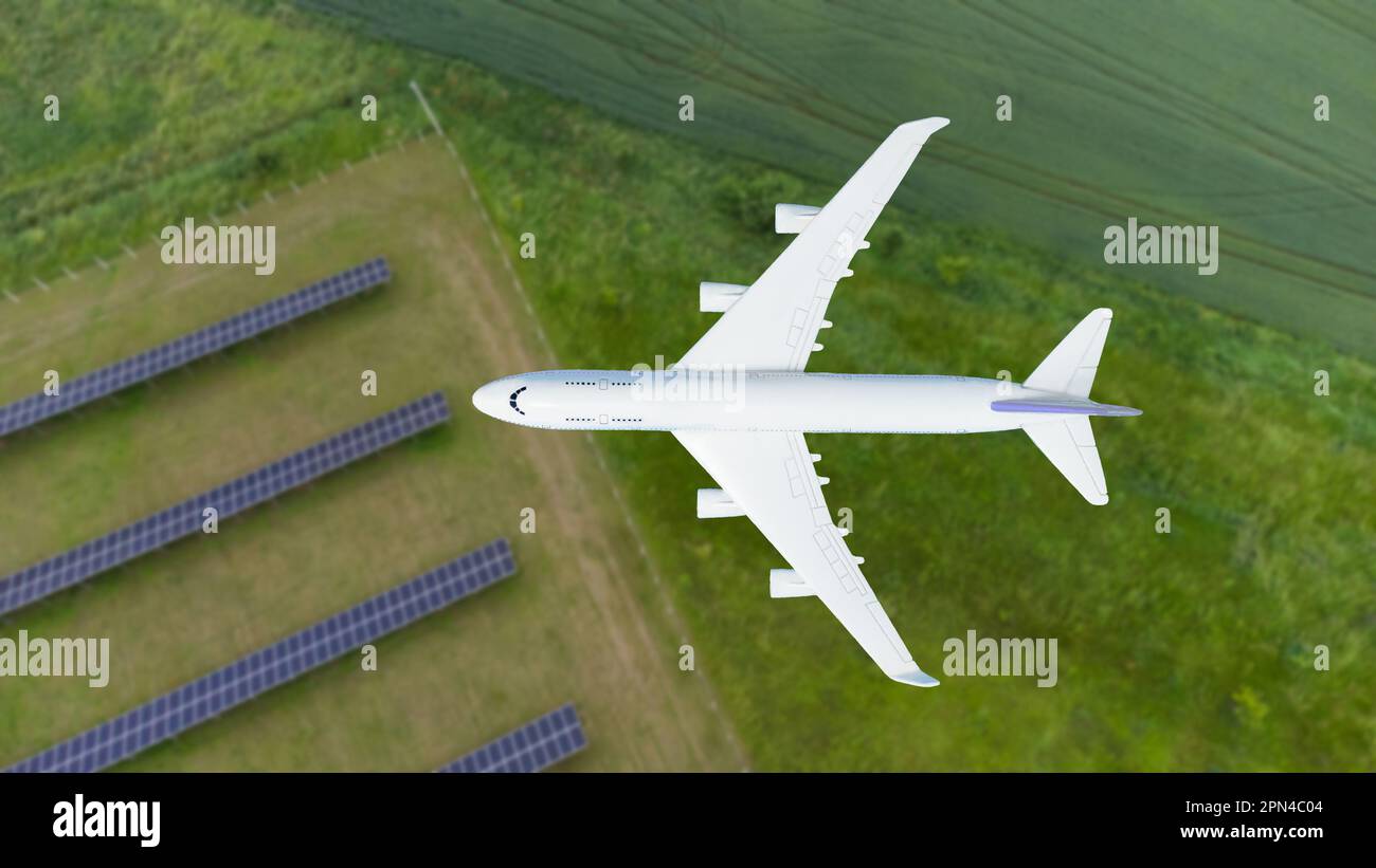 plane flies above the landscape. Side view of aircraft. Travel and ...