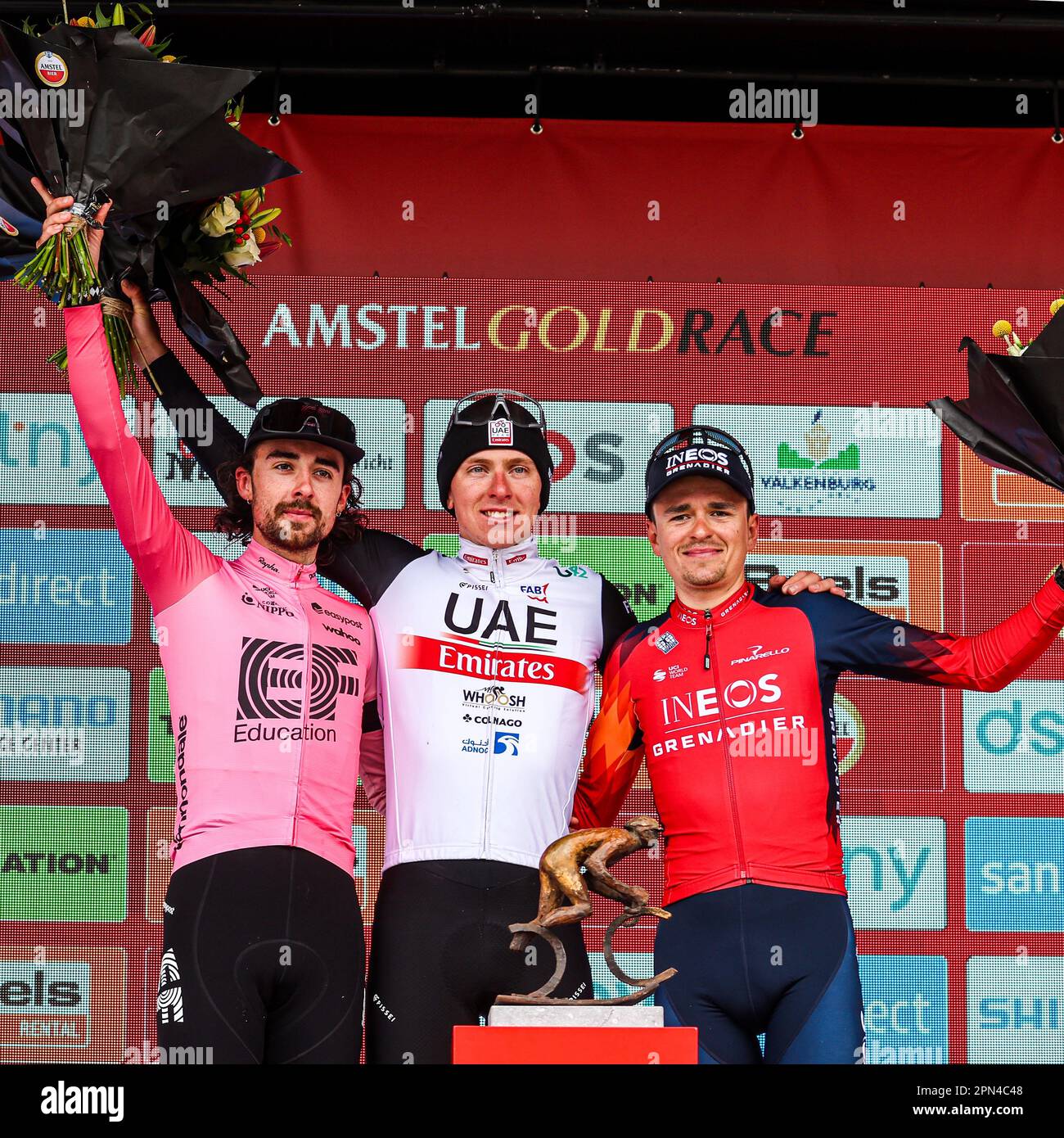 VALKENBURG – Ben Healy, Tadej Pogacar, Tom Pidcock on the podium during ...