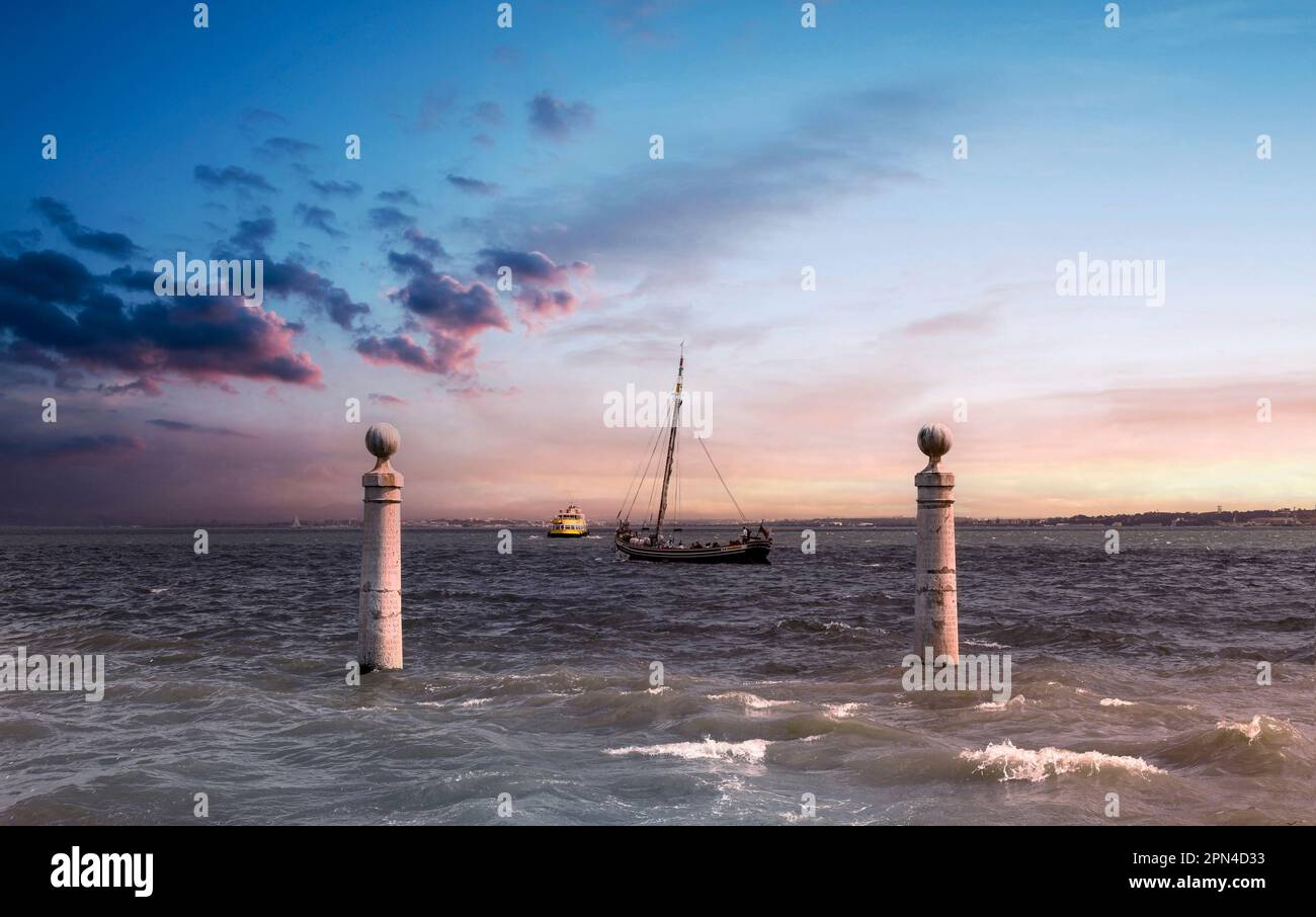 A captivating view of two ships sailing across the vast ocean, with ...