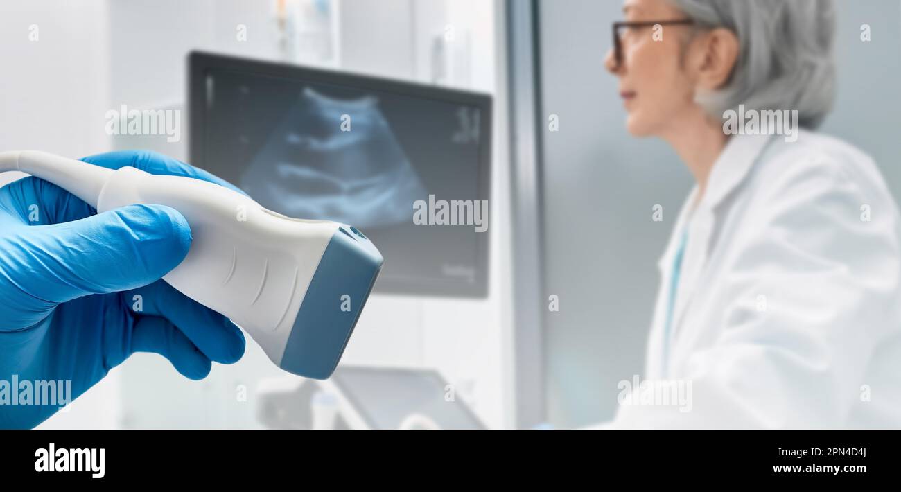 medical ultrasound probe from ultrasonic machine in doctor's hand on ...
