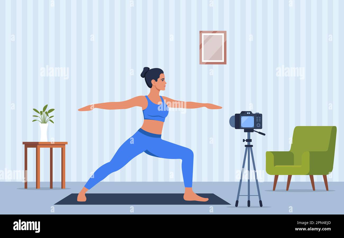 Female character doing yoga exercises at home recording video with ...