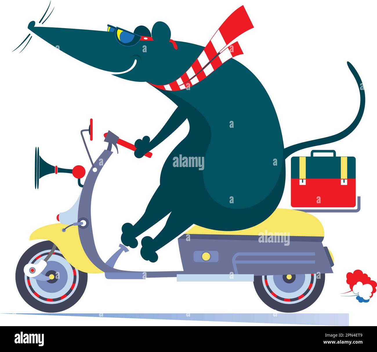 Funny rat or mouse rides on the scooter illustration. Cartoon rat or ...