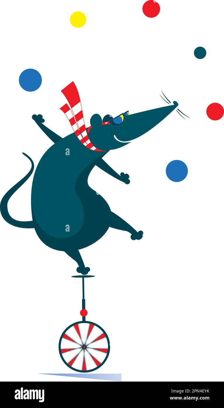 Funny rat or mouse balances on the unicycle and juggles the balls ...