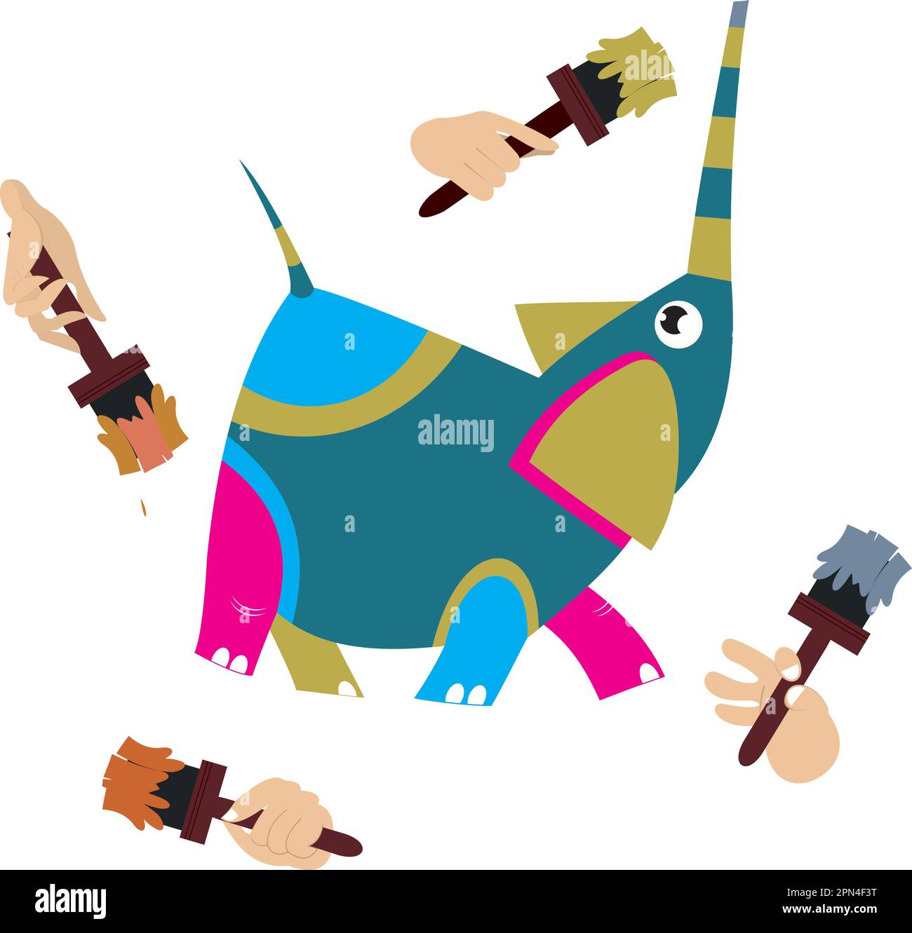 Hands with brushes and multicolored elephant illustration. Many hands ...