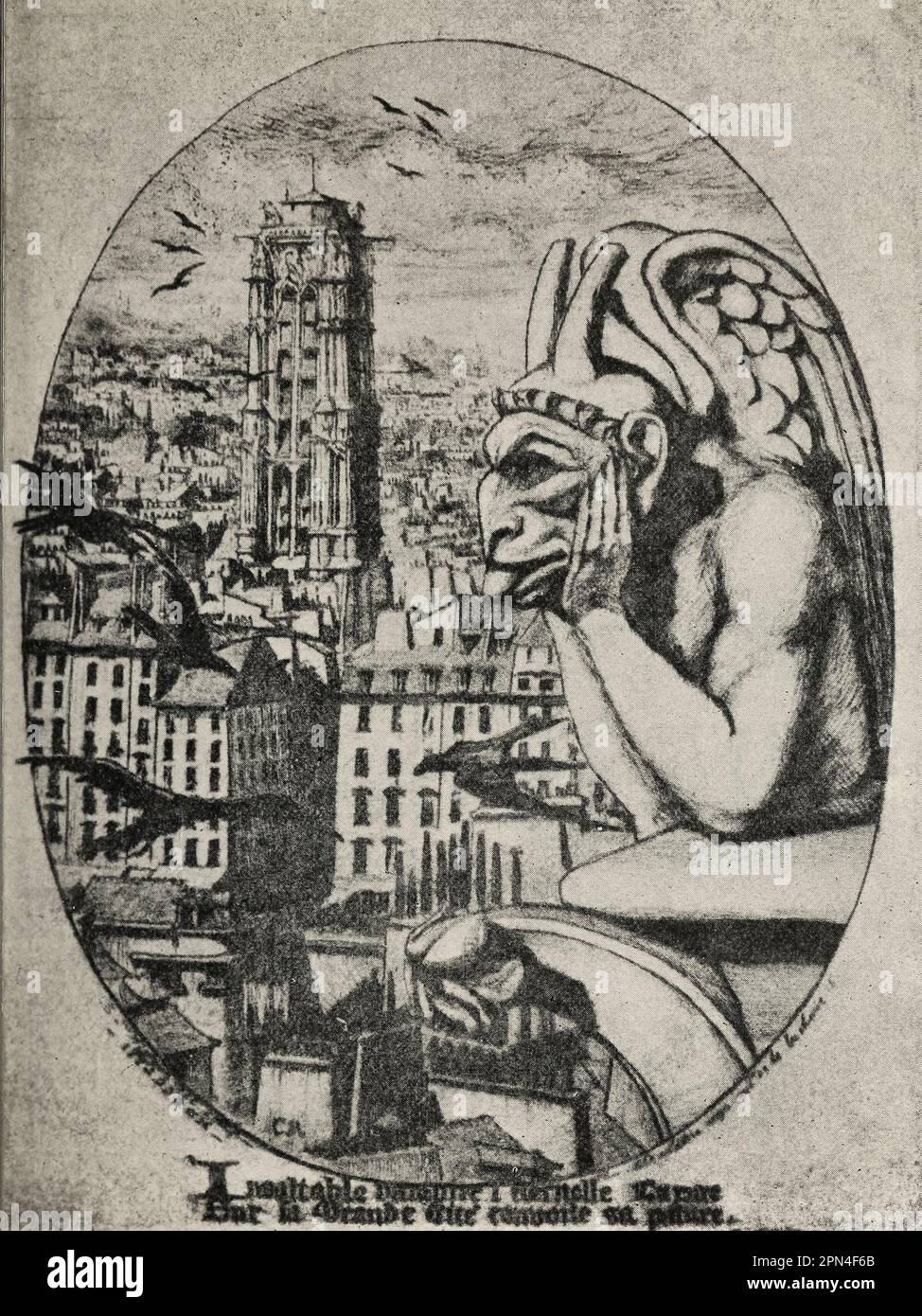 "Le Stryge", one of the Chimeras of the Cathedral of Notre Dame, with ...