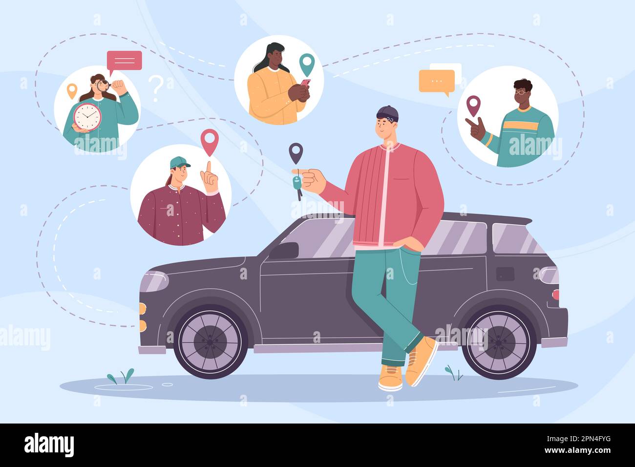 Share car vector illustration. Cartoon man holding auto key of vehicle ...