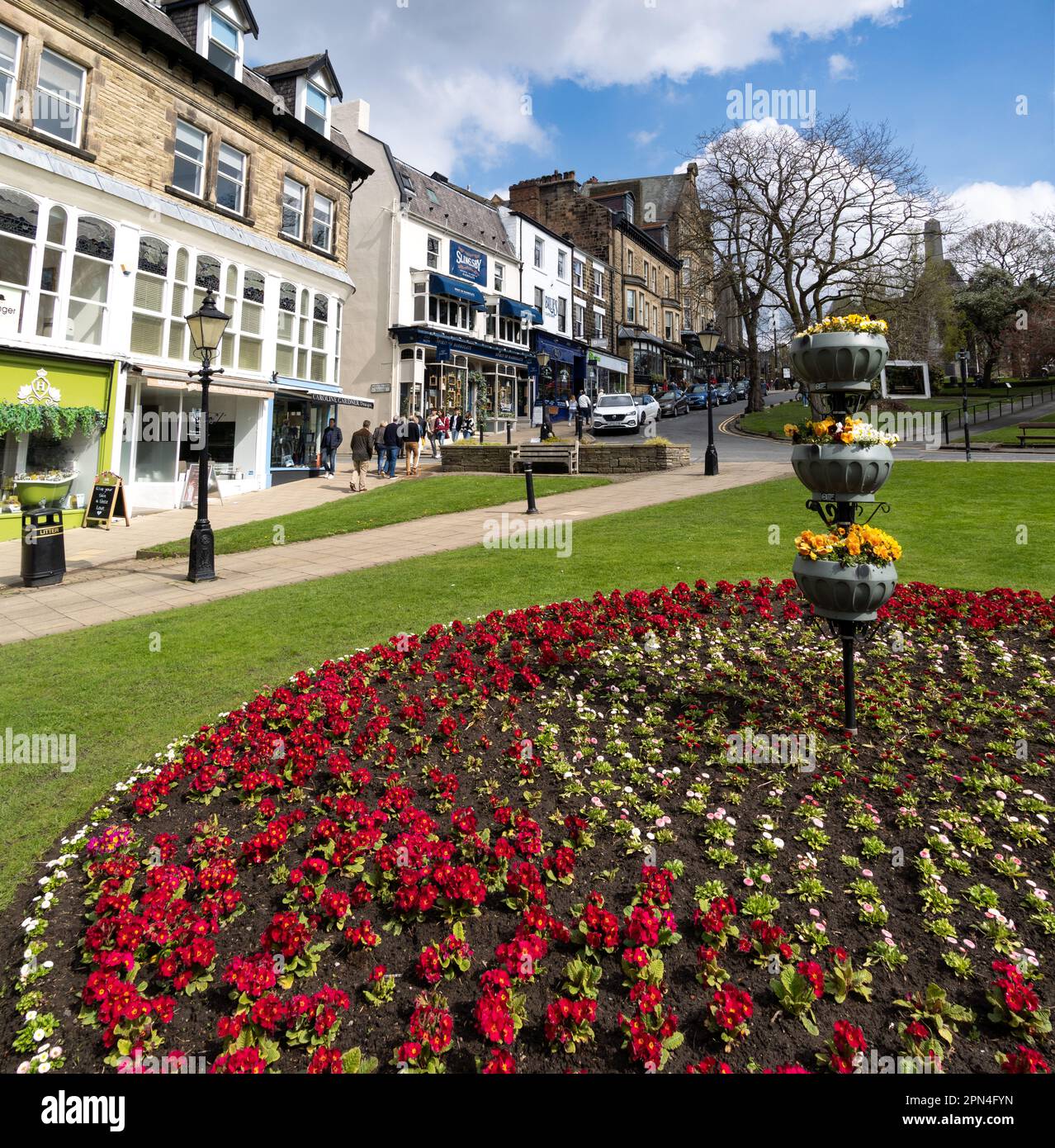 MONTPELLIER QUARTER, HARROGATE, UK - APRIL 15, 2023. Floral displays of ...