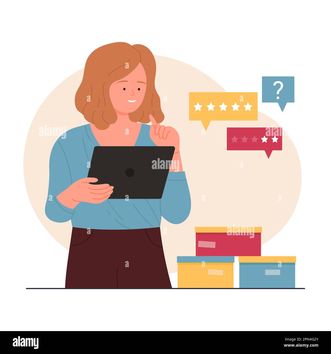 Buyer reading positive and negative product reviews and comments before shopping vector ...