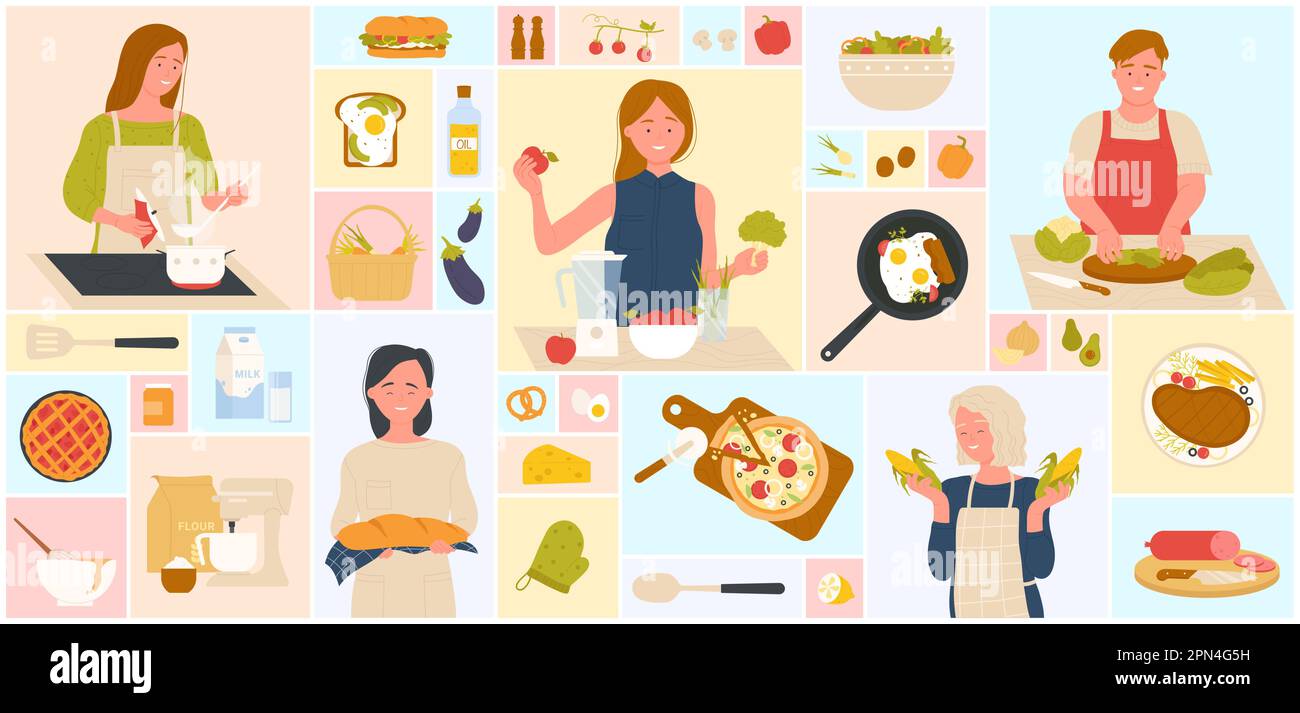 Cartoon culinary collection with people cooking meal at kitchen table ...
