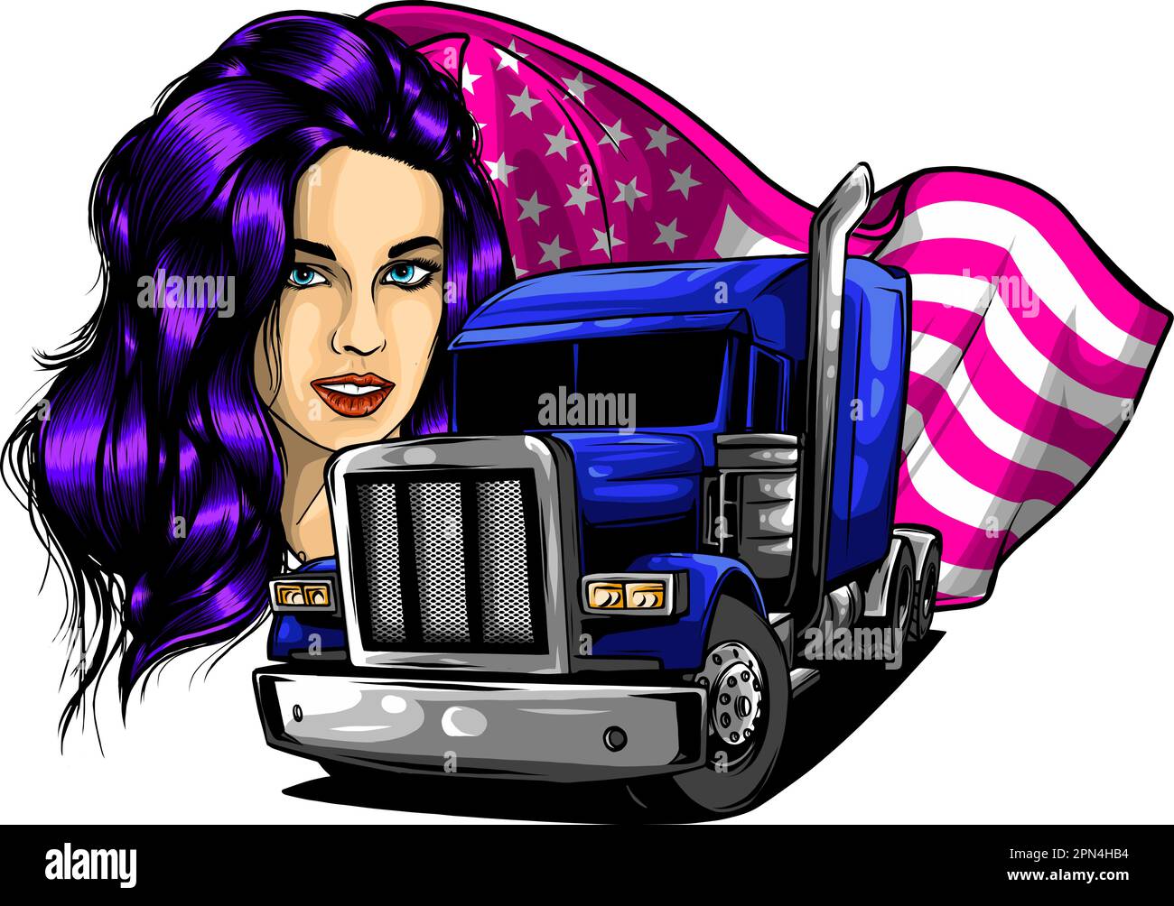 Classic american semi truck. Isolated vehicle with USA flag on white ...