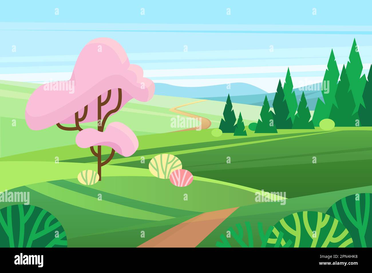 Spring landscape with cherry blossoms and green grass meadows on hills ...