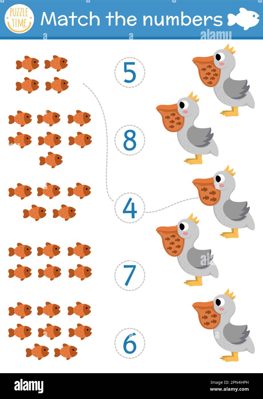 Match the numbers under the sea game with pelican eating fish. Ocean ...
