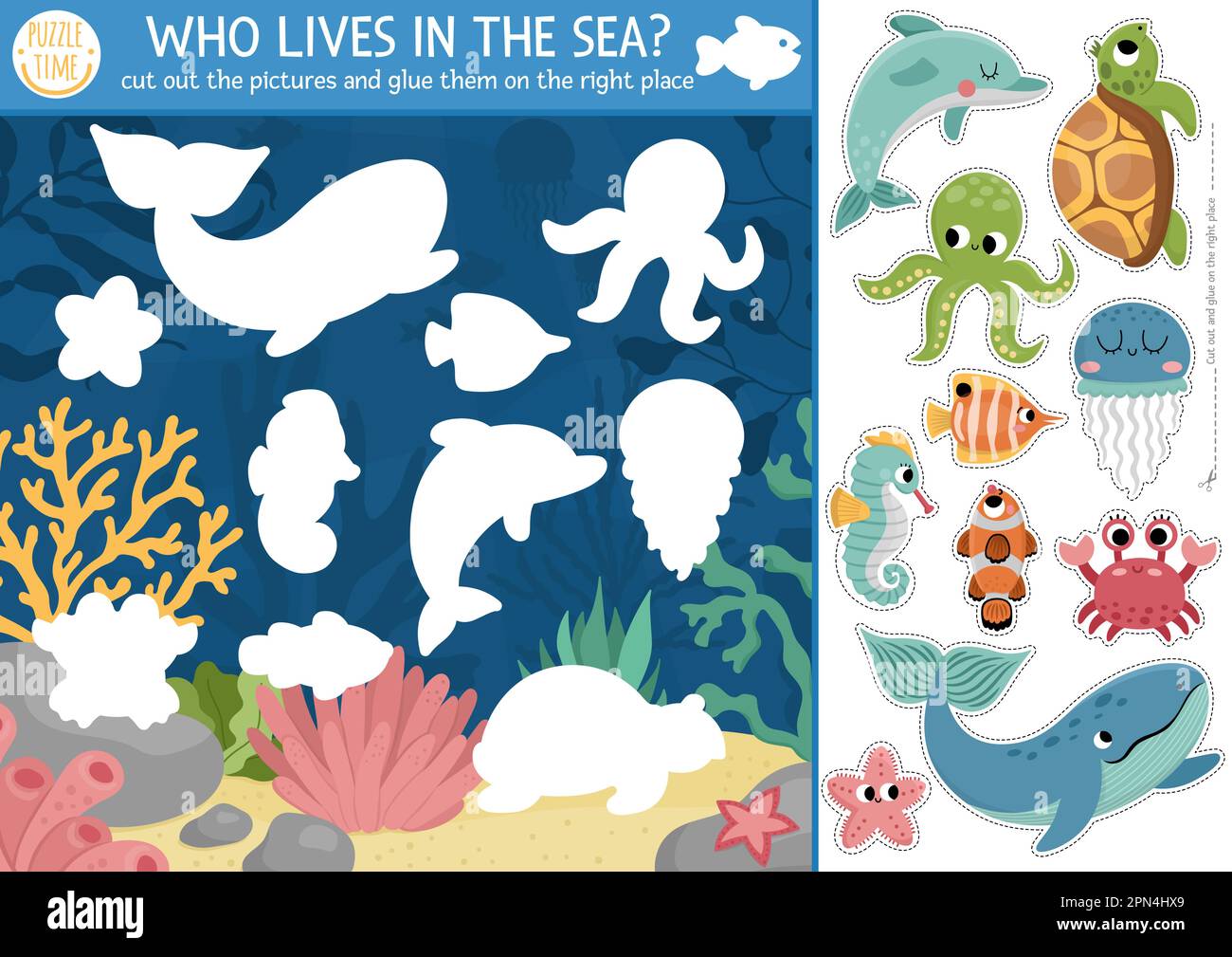 Vector under the sea cut and glue activity. Crafting game with cute ...