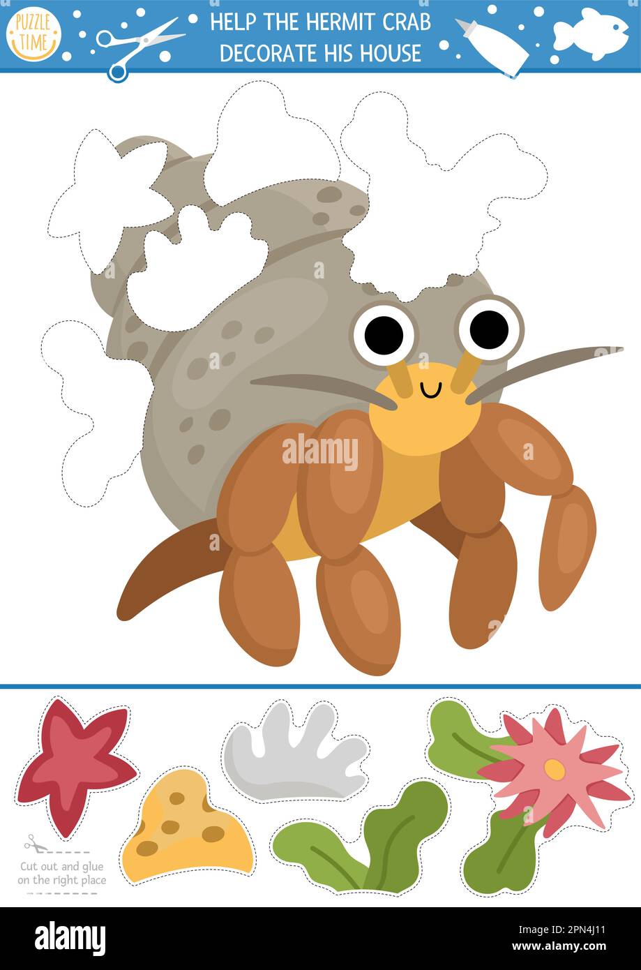 Vector under the sea cut and glue activity. Crafting game with cute ...