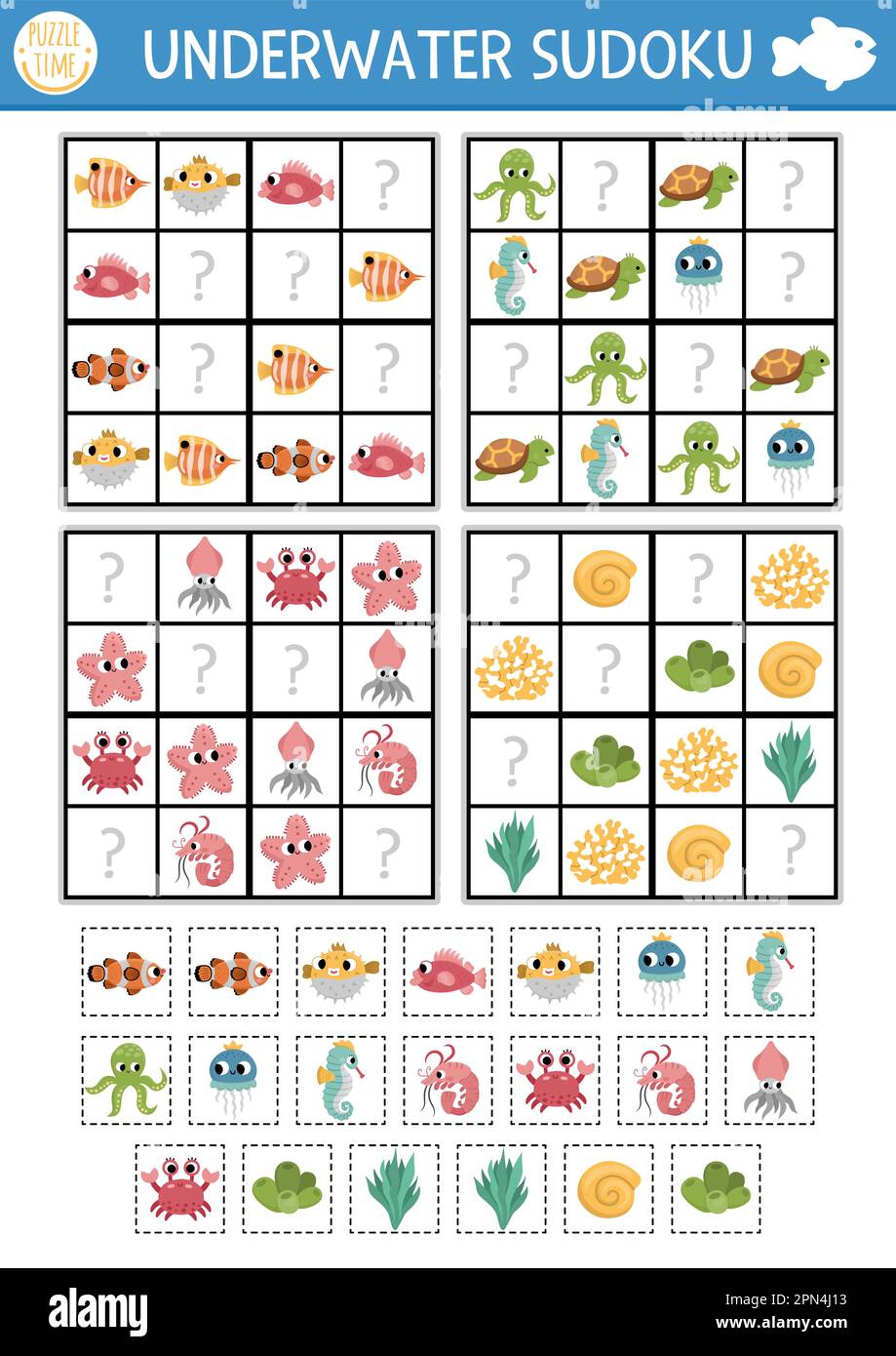 Vector under the sea sudoku puzzle for kids with pictures. Simple ocean ...