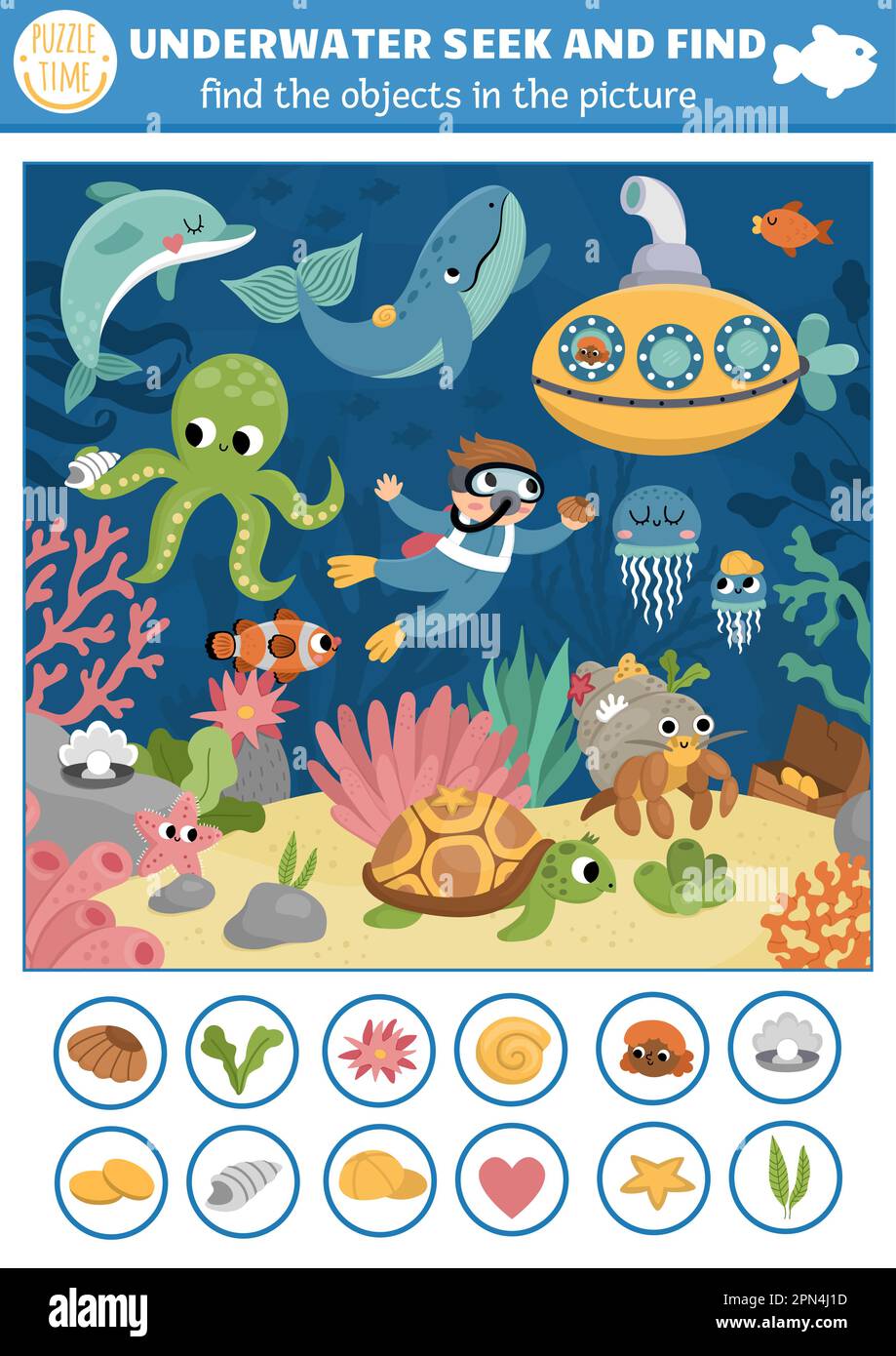 Vector under the sea searching game with sea landscape, submarine ...