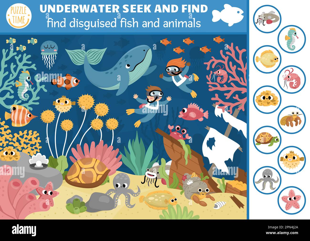 Vector under the sea searching game with sea landscape, whale, divers ...