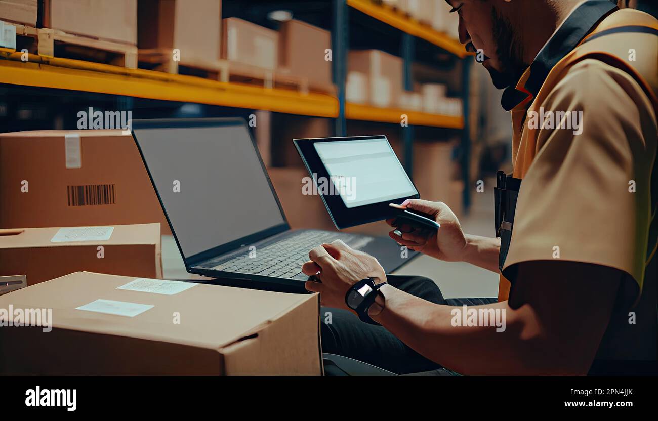 warehouse with pile of cardboxes, industrial storage, cargo and ...