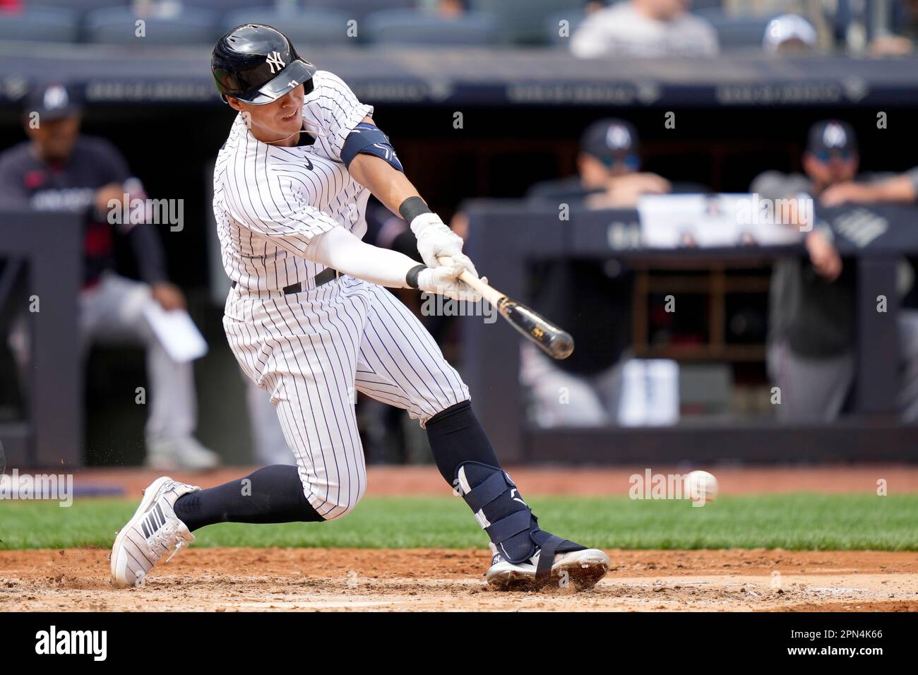 New York Yankees' Anthony Volpe hits a single off Minnesota Twins ...