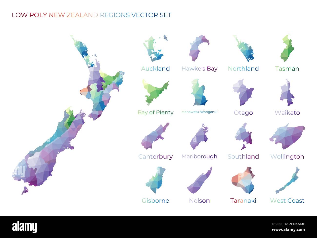 New Zealand low poly regions. Polygonal map of New Zealand with regions ...