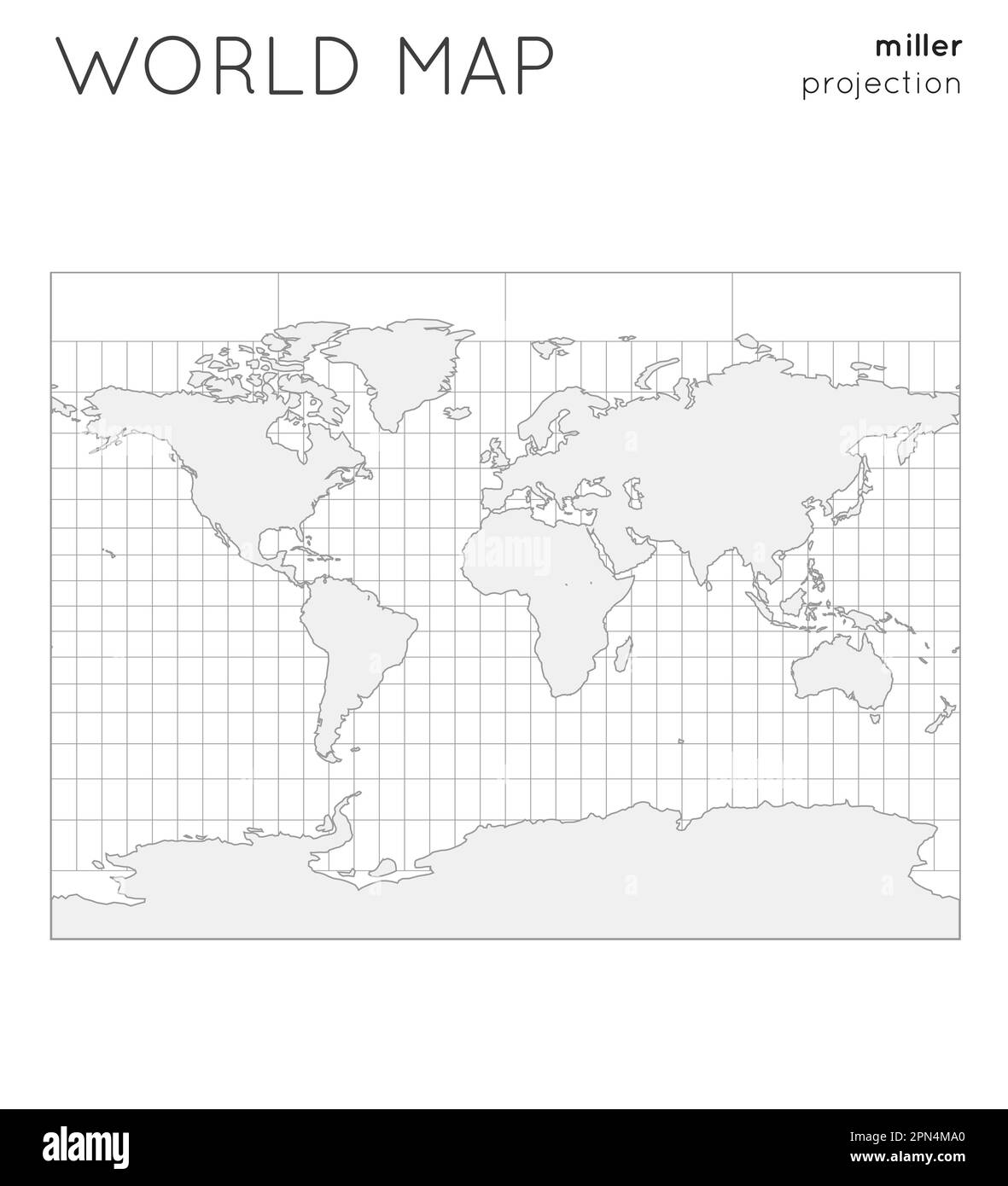 World Map Globe In Miller Projection With Graticule Lines Style Outline Vector Illustration