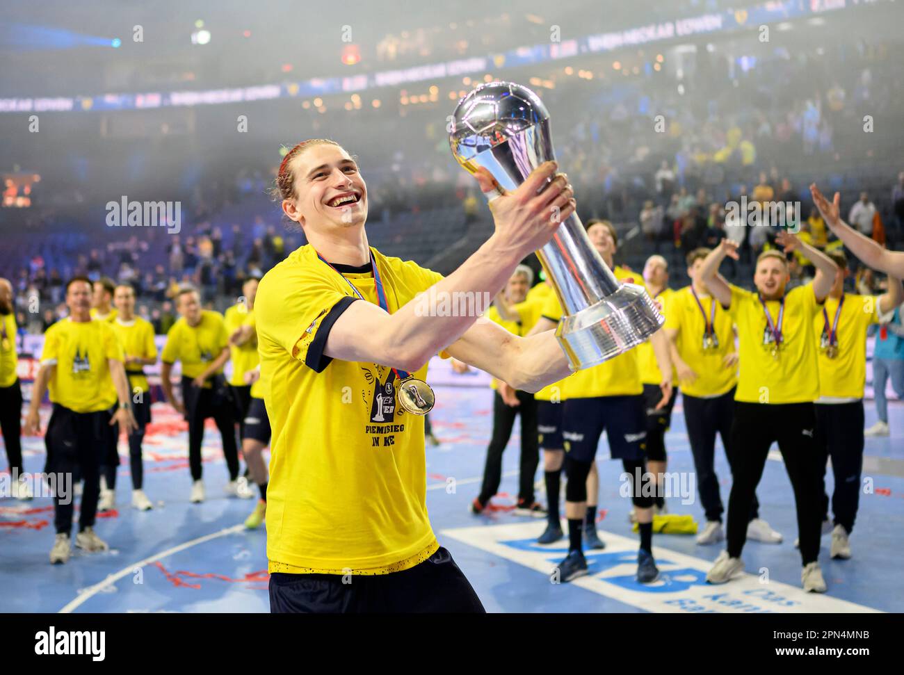Jubilation Juri KNORR (RNL) with the DHB Cup. Final, SC Magdeburg (MD ...
