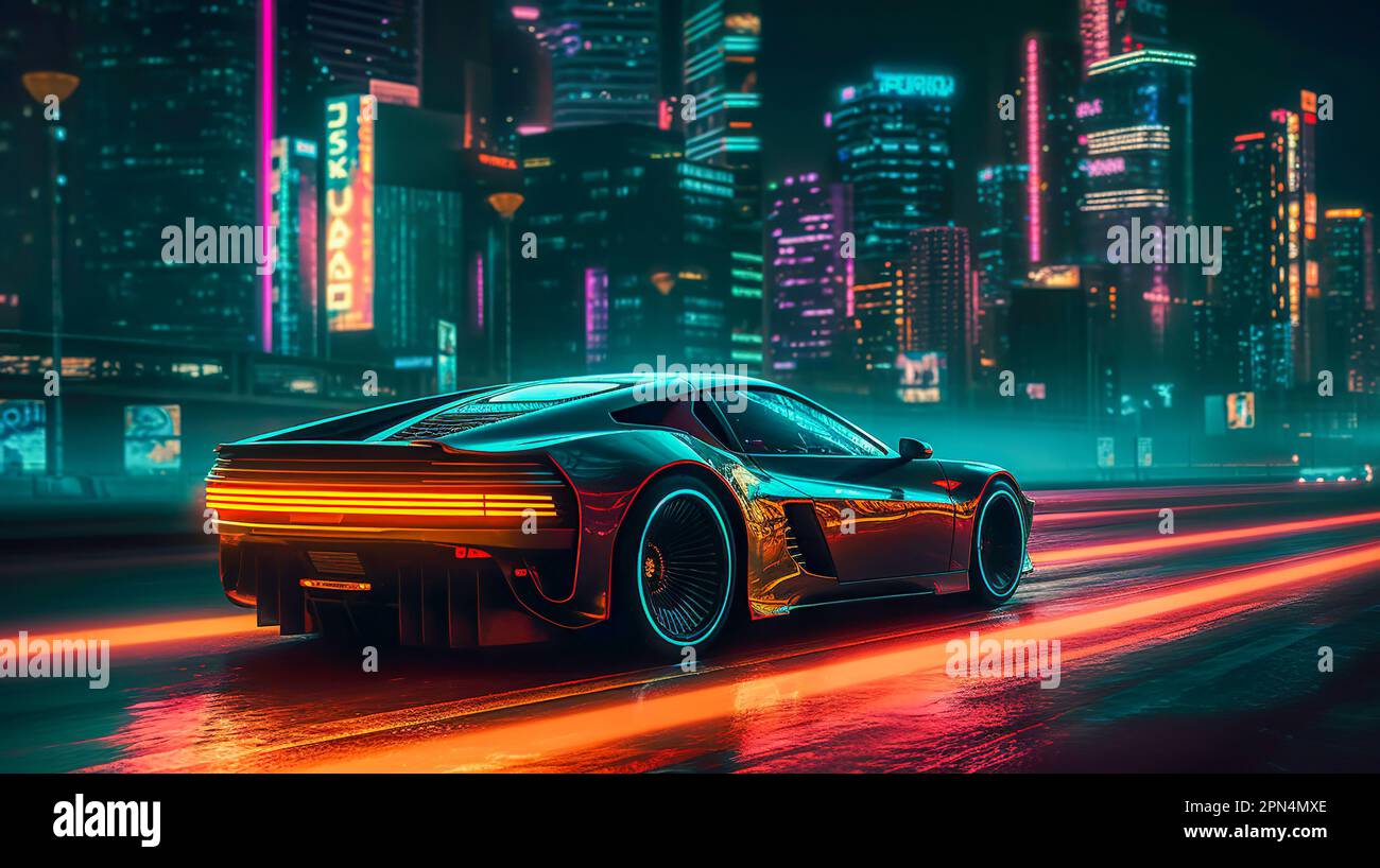 Synthwave Car in the neon futuristic city. AI generated Stock Photo - Alamy