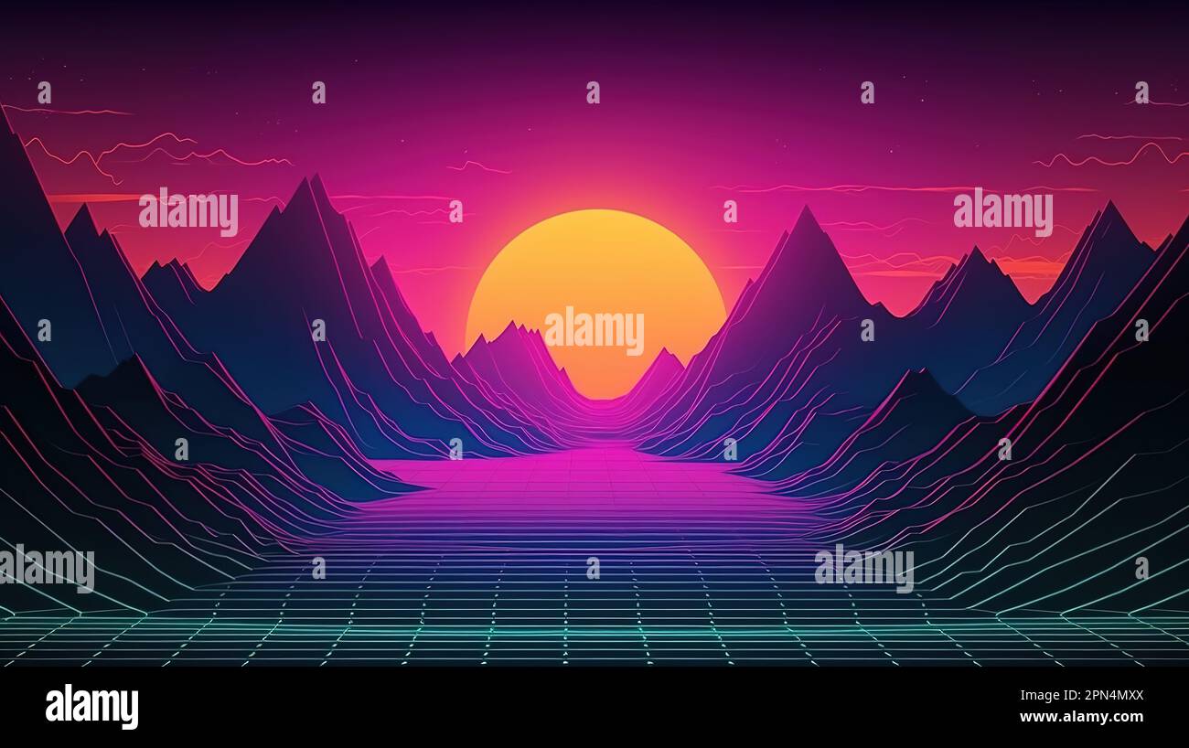 Synth wave sunset background 80s. Low poly landscape, neon lights. AI ...