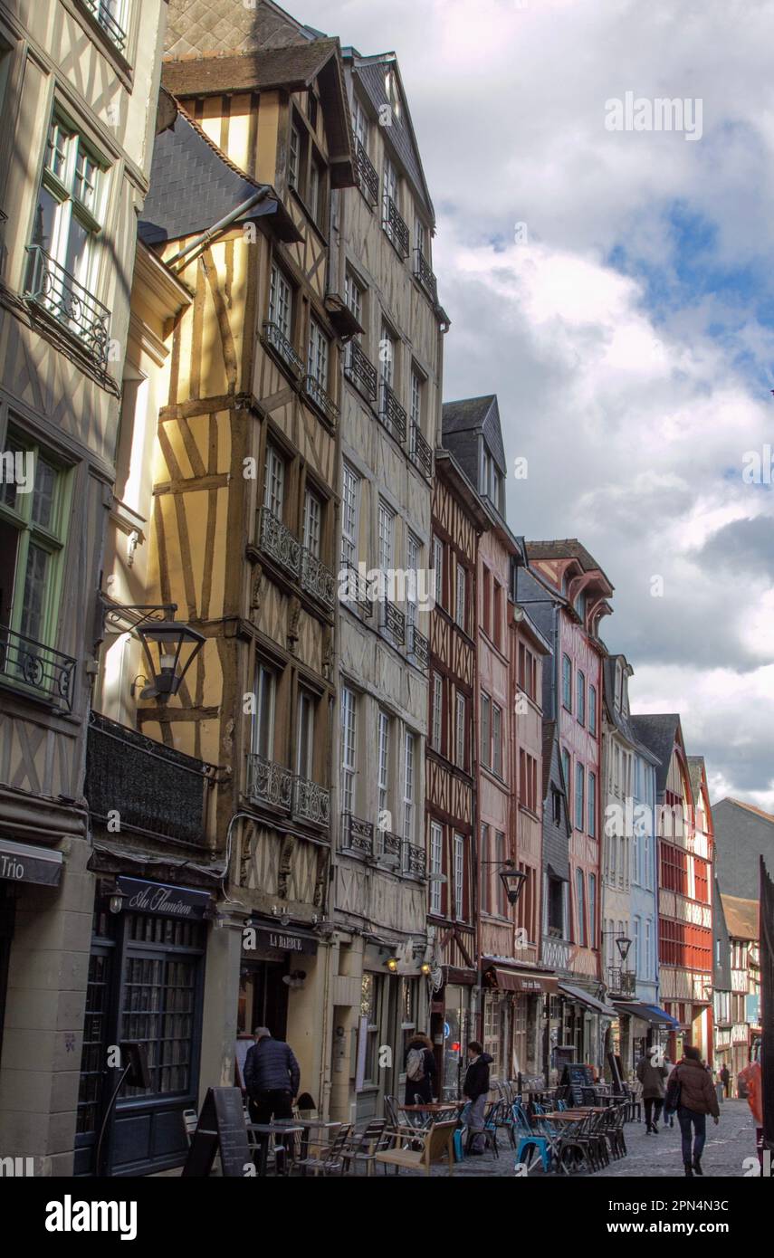 Colourful medieval timber-framed buildings line rue Martainville in the ...