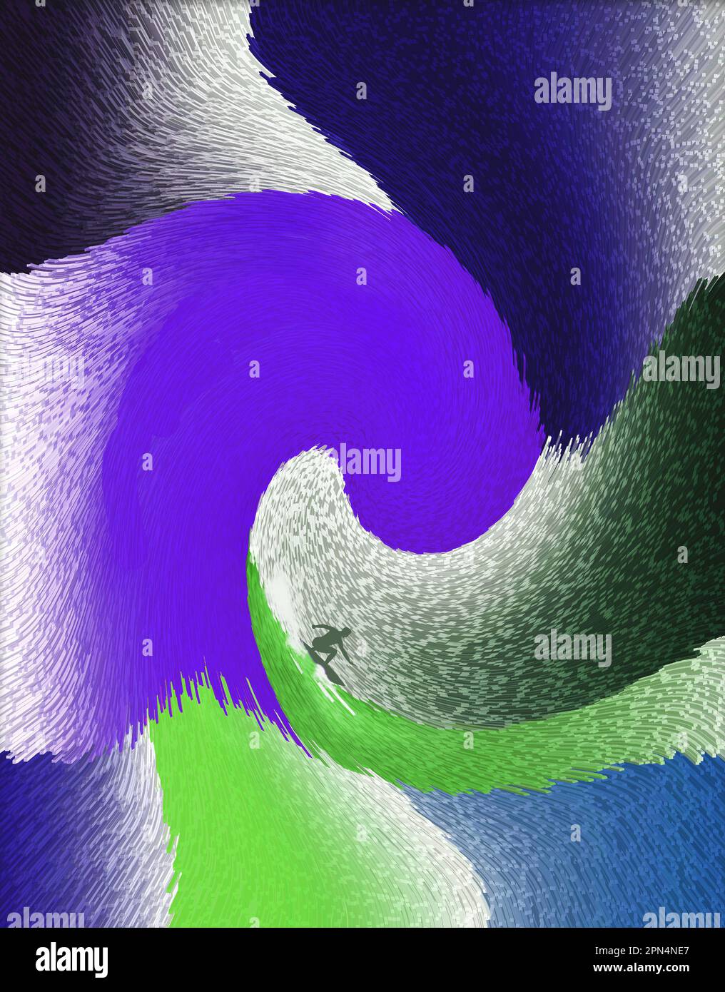 A surfer is seen riding a towering ocean wave under roiling clouds and ...