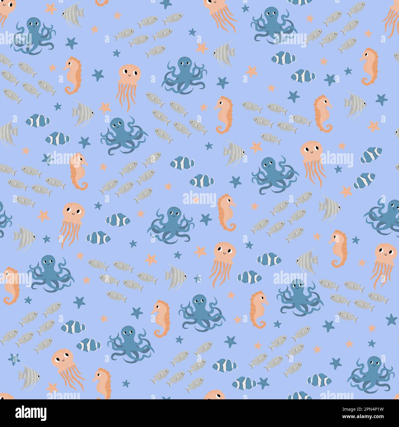 Vector seamless pattern with clownfish,seahorse,jellyfish,octopus ...