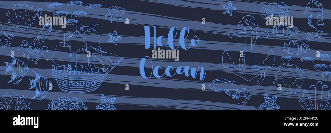 Vector ocean illustration with ship,lifebuoy,anchor,squid,fish,corals ...