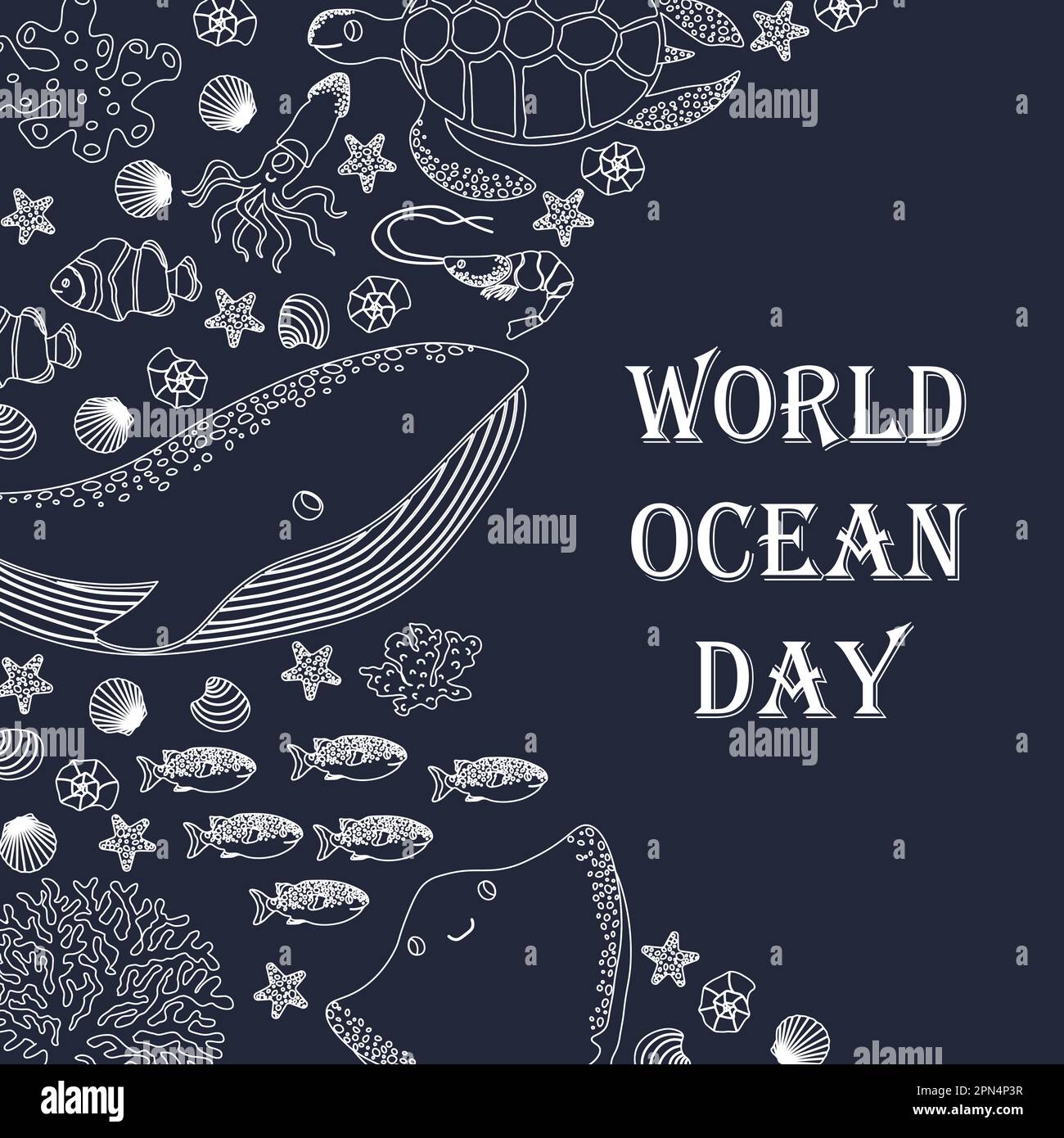 Vector ocean illustration with whale,devilfish,turtle,shrimp,squid ...