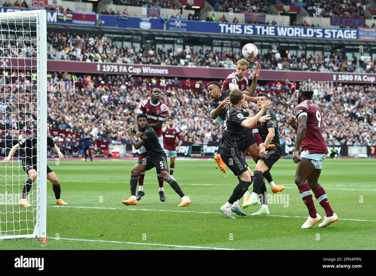 London, UK. 16th Apr, 2023. Thomas Soucek of West Ham United rises to ...