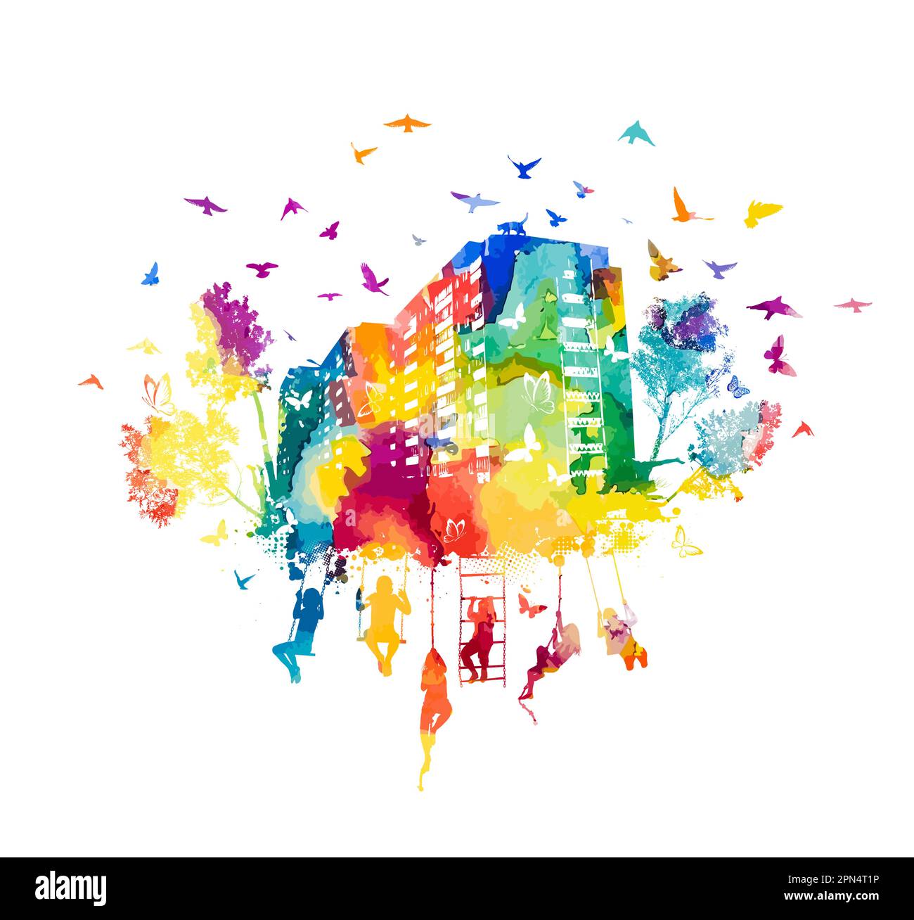 Abstraction colored city. Rainbow buildings. Silhouettes of happy ...