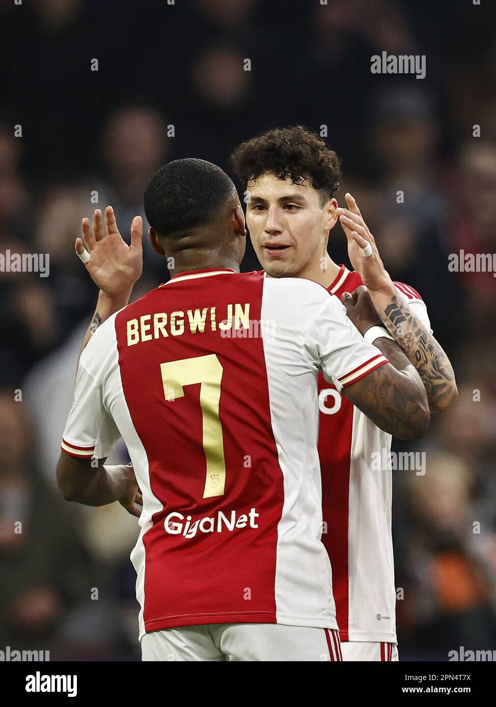 AMSTERDAM - (LR) Steven Bergwijn of Ajax, Jorge Sanchez of Ajax celebrate the 2-0 during the ...