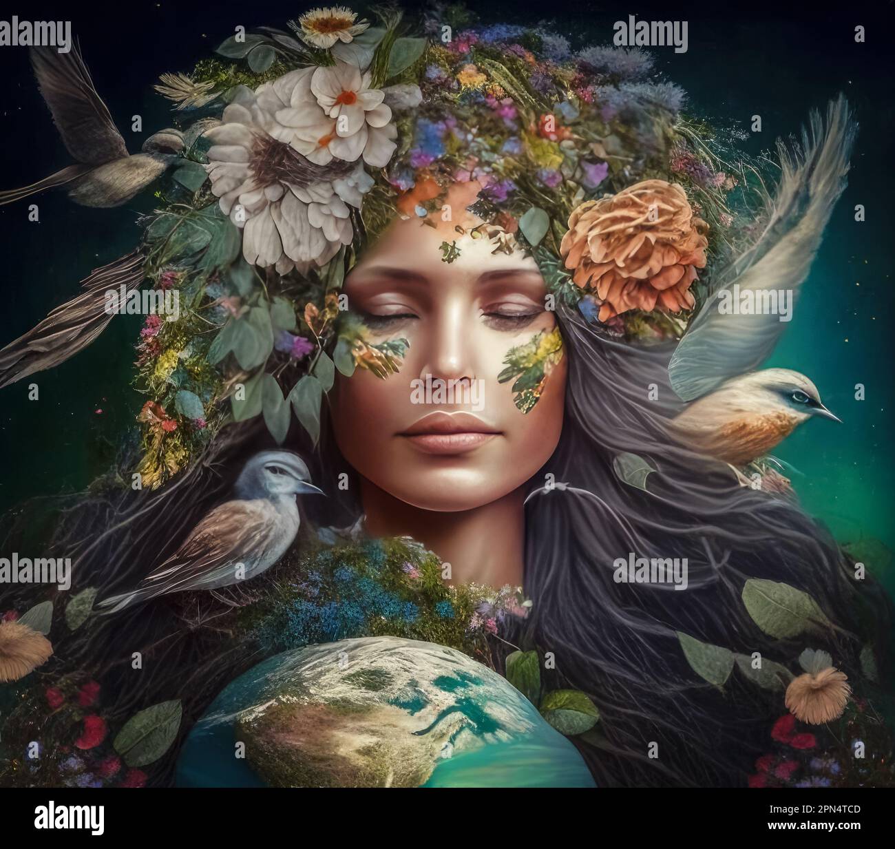 Earth Day illustration, beautiful female face as a symbol of the planet ...