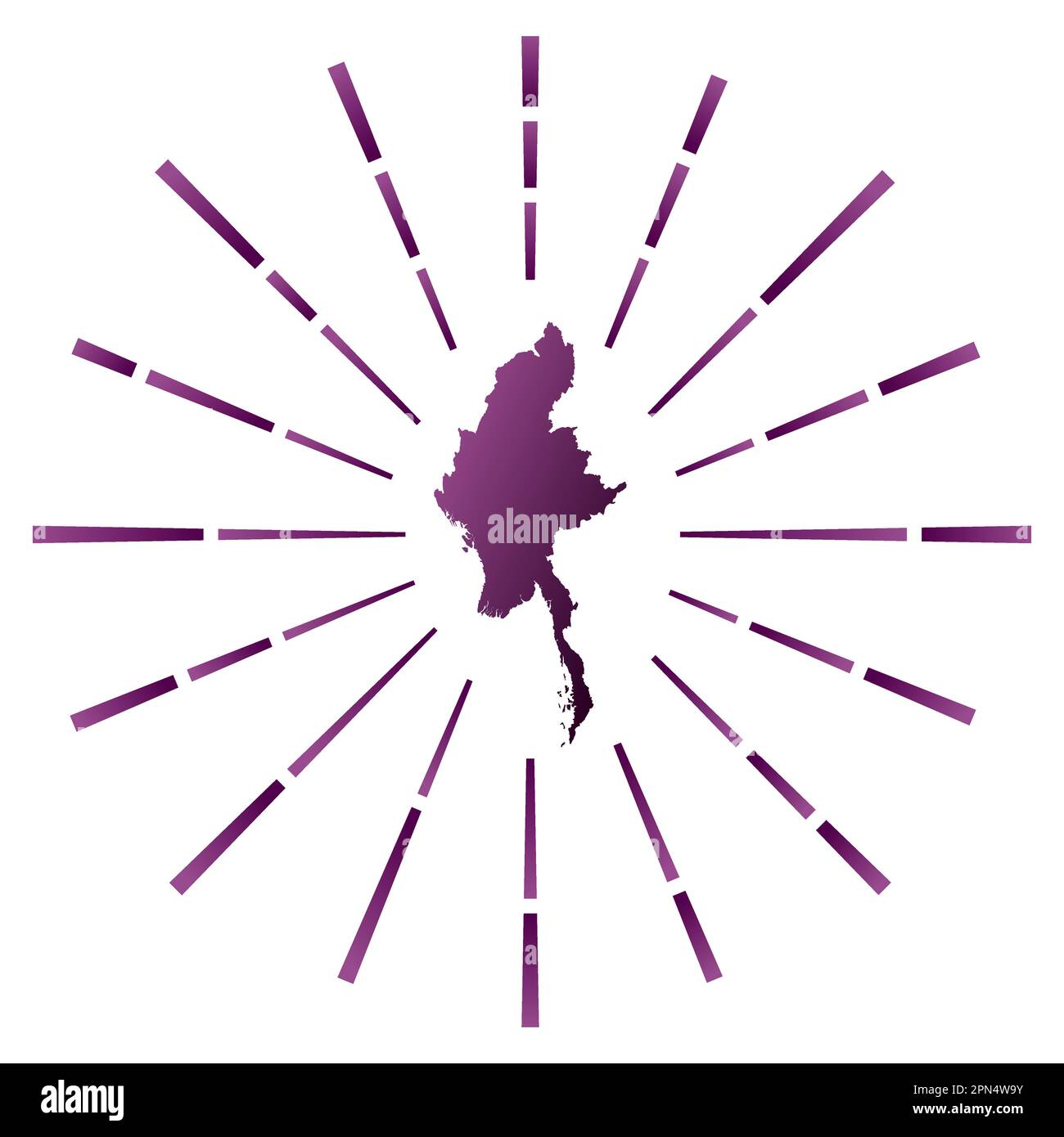 Myanmar gradiented sunburst. Map of the country with colorful star rays ...