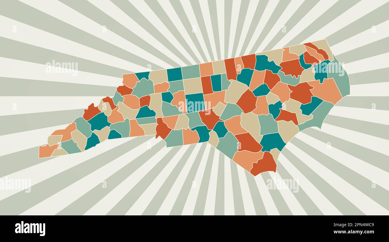 North Carolina map. Poster with map of the US state in retro color ...