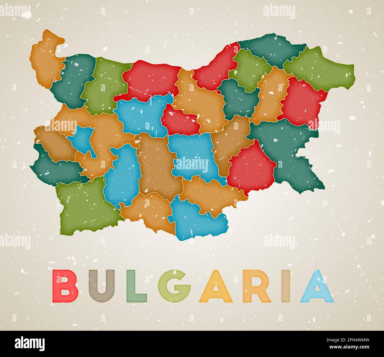 Bulgaria map. Country poster with colored regions. Old grunge texture. Vector illustration of ...