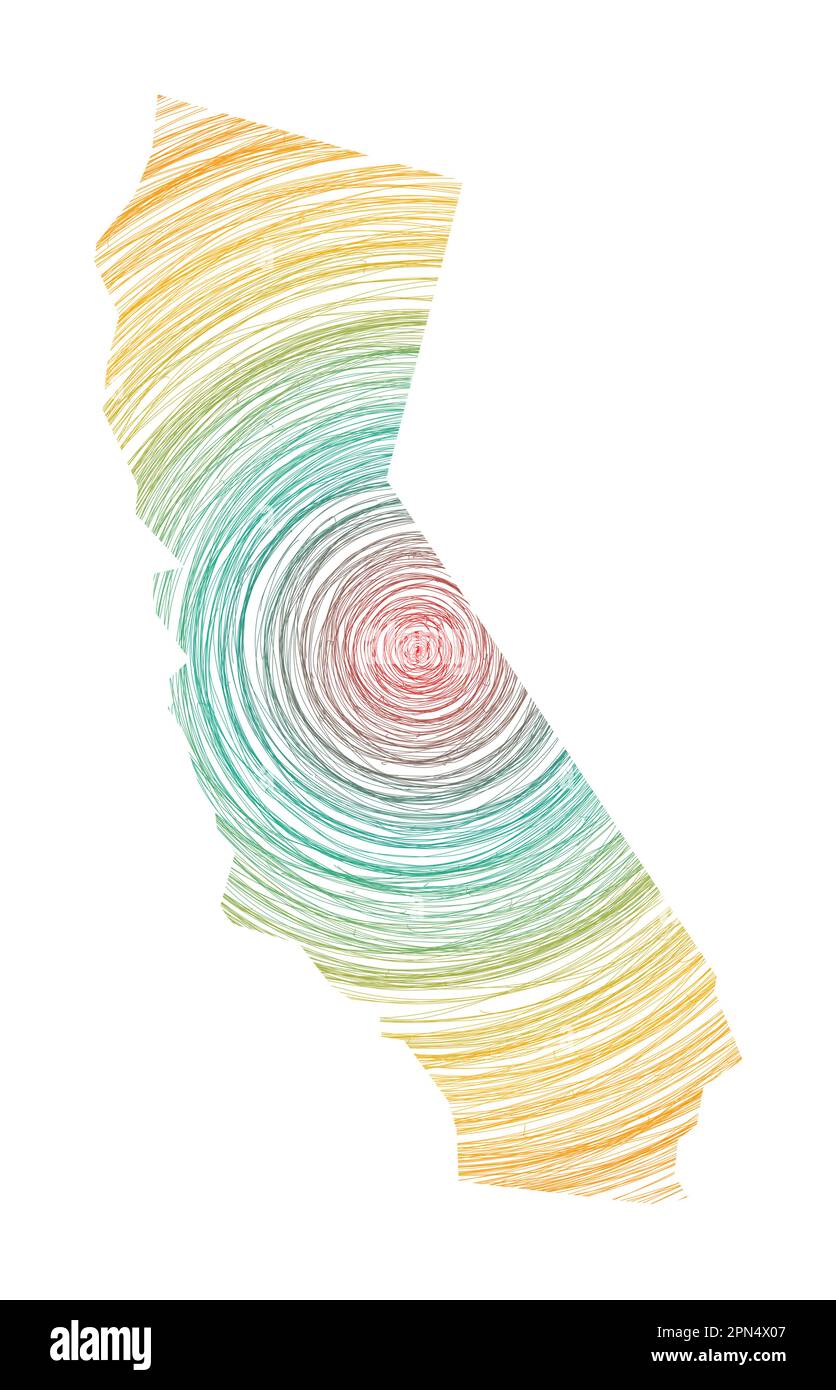 California map filled with concentric circles. Sketch style circles in ...