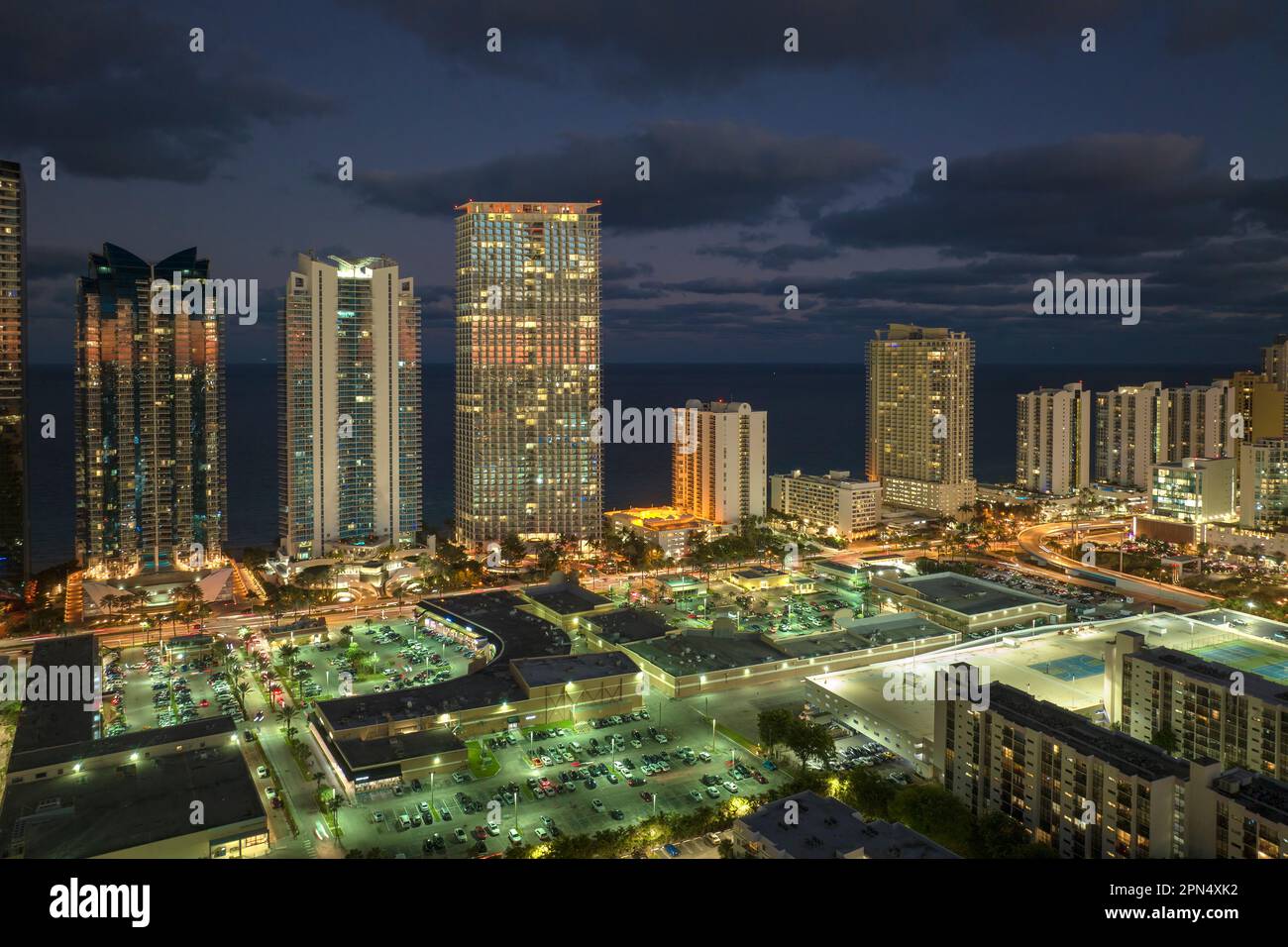 Aerial view of downtown district in Sunny Isles Beach city in Florida ...